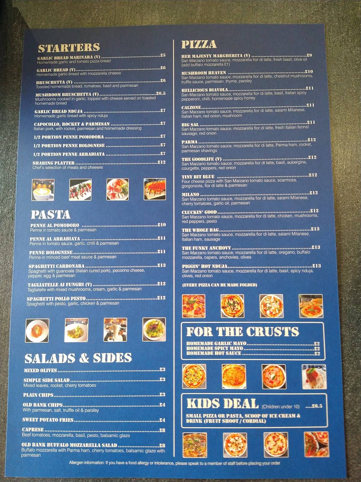 Menu at The Old Bank Pizza Co. restaurant, South Shields