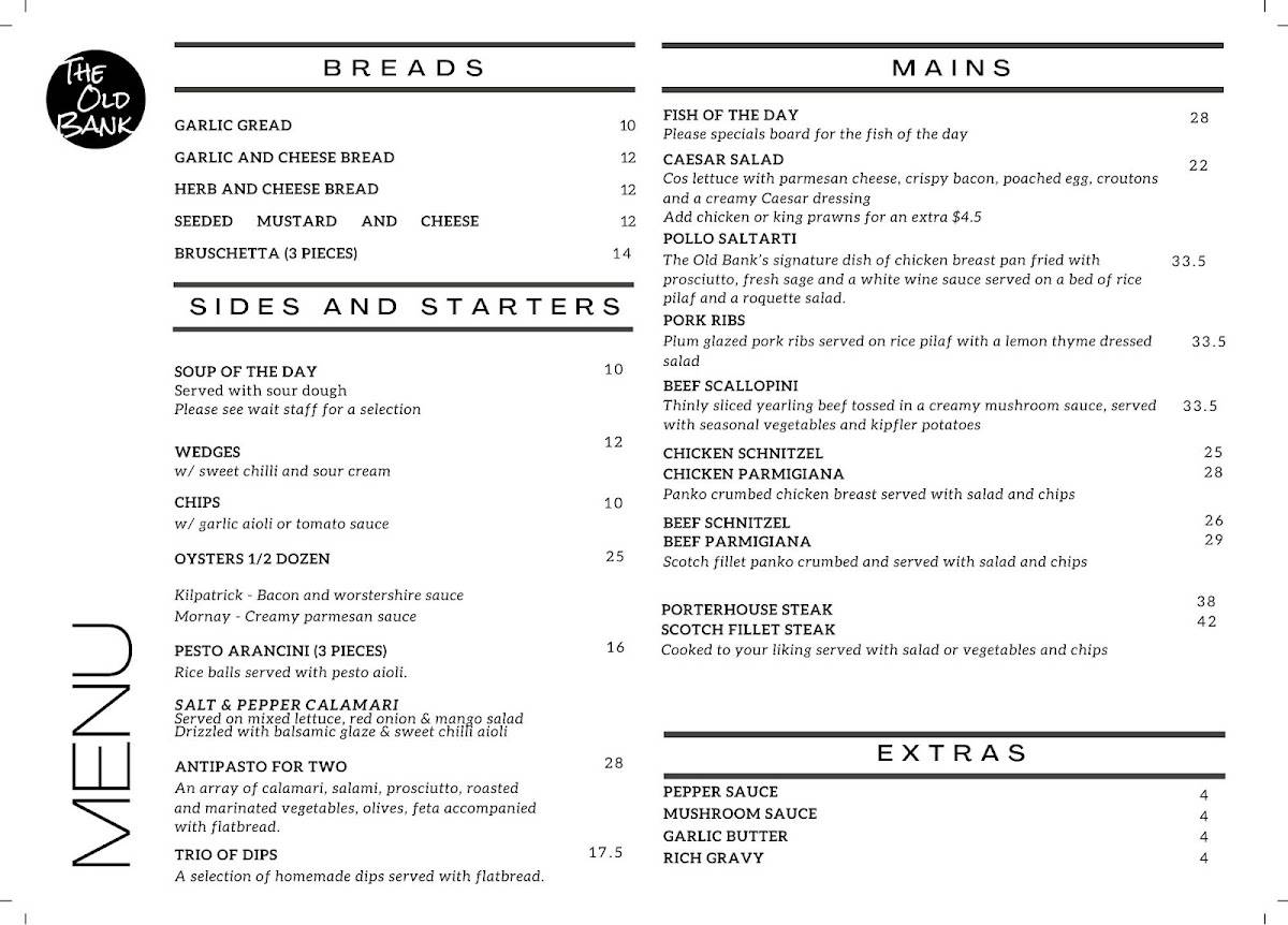 Menu at The Old Bank restaurant, Tocumwal