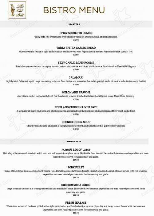 Menu at The Old Bill pub & bar, Oldham