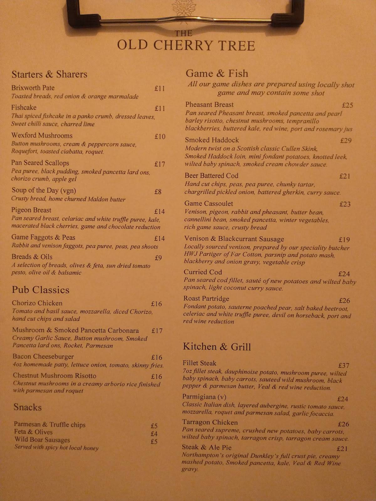 Menu at The Old Cherry Tree pub & bar, Great Houghton