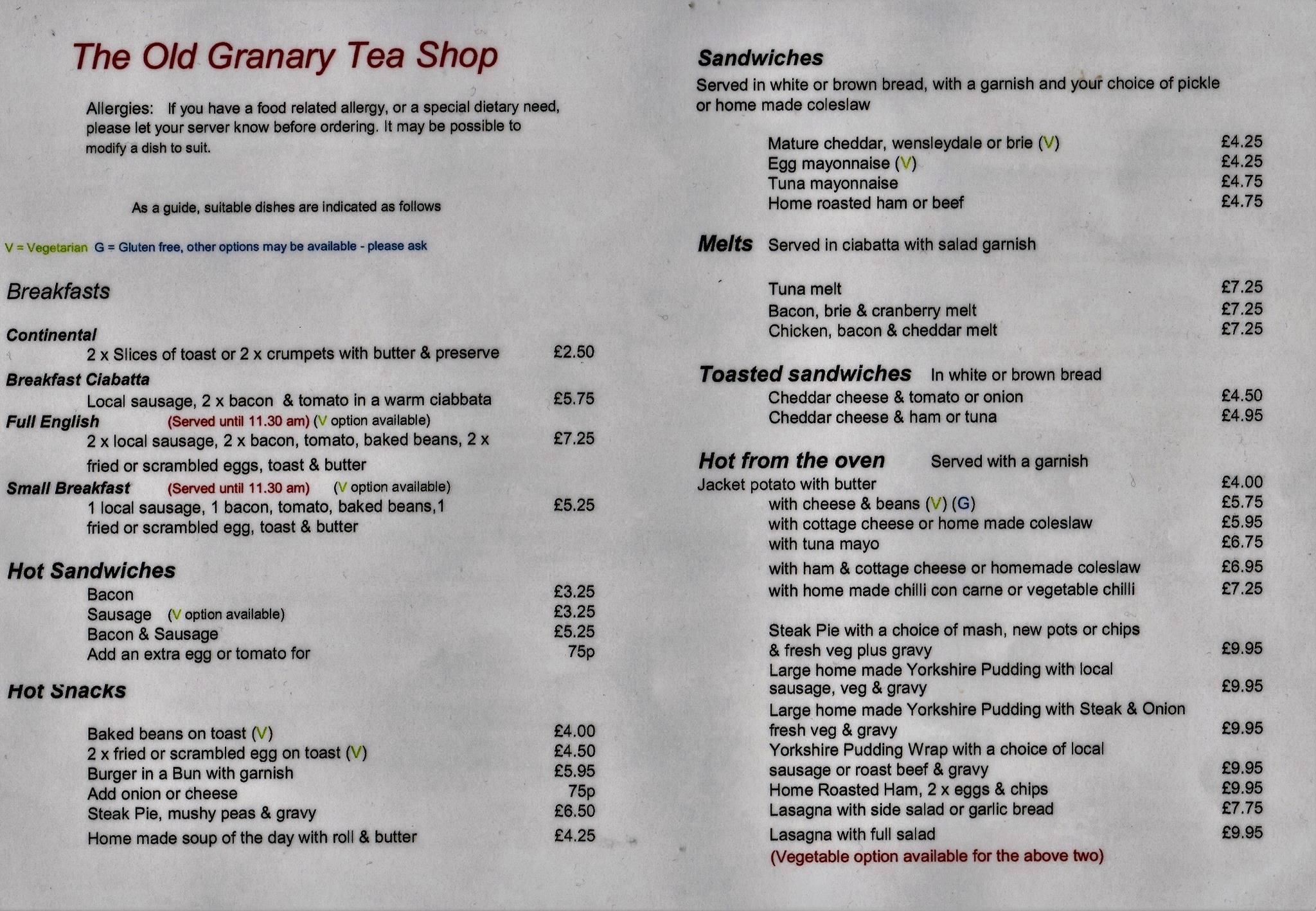 Menu at The Old Granary cafe, Pateley Bridge