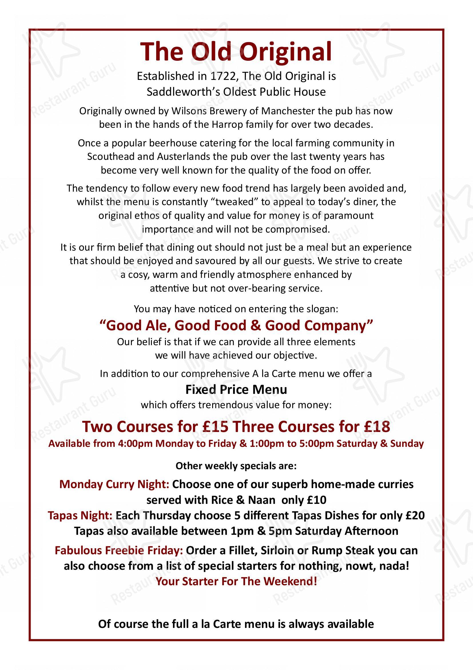 Menu at The Old Original Inn pub & bar, Oldham