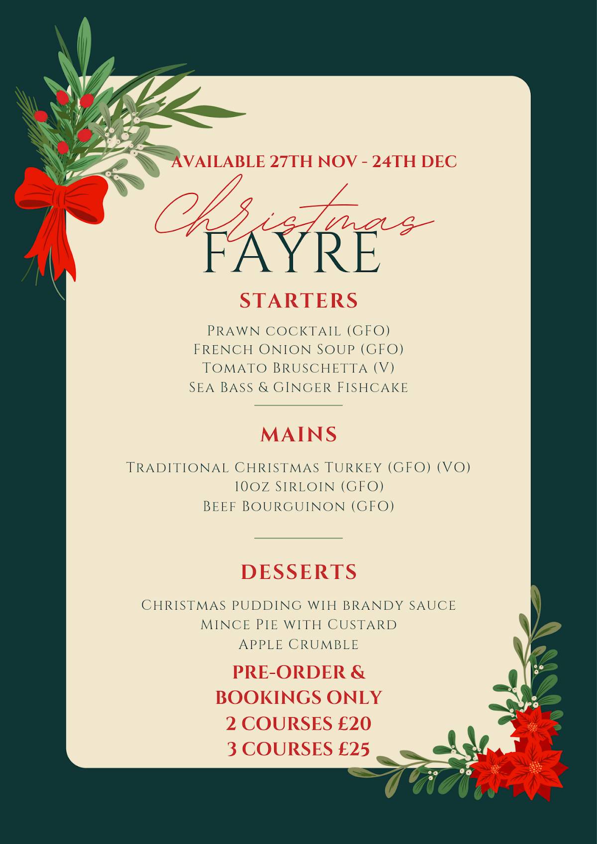 Menu at The Old Reindeer at Edingley restaurant, Rufford, Main St
