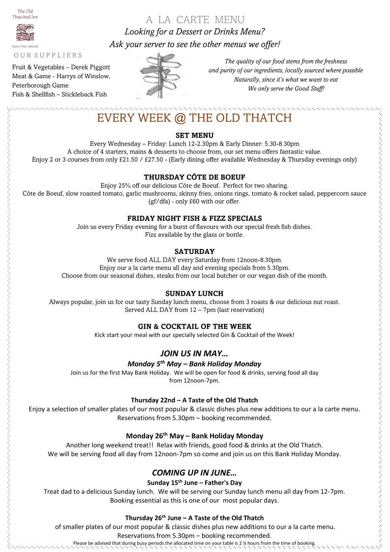 Menu at The Old Thatched Inn pub & bar, Buckingham