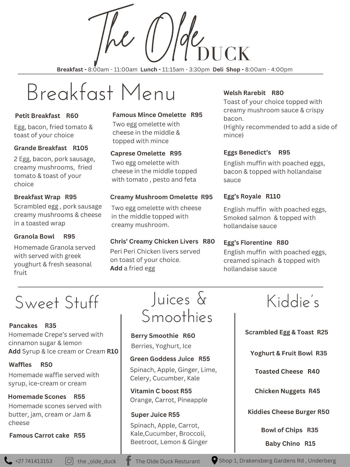 Menu at The Olde Duck restaurant, Underberg
