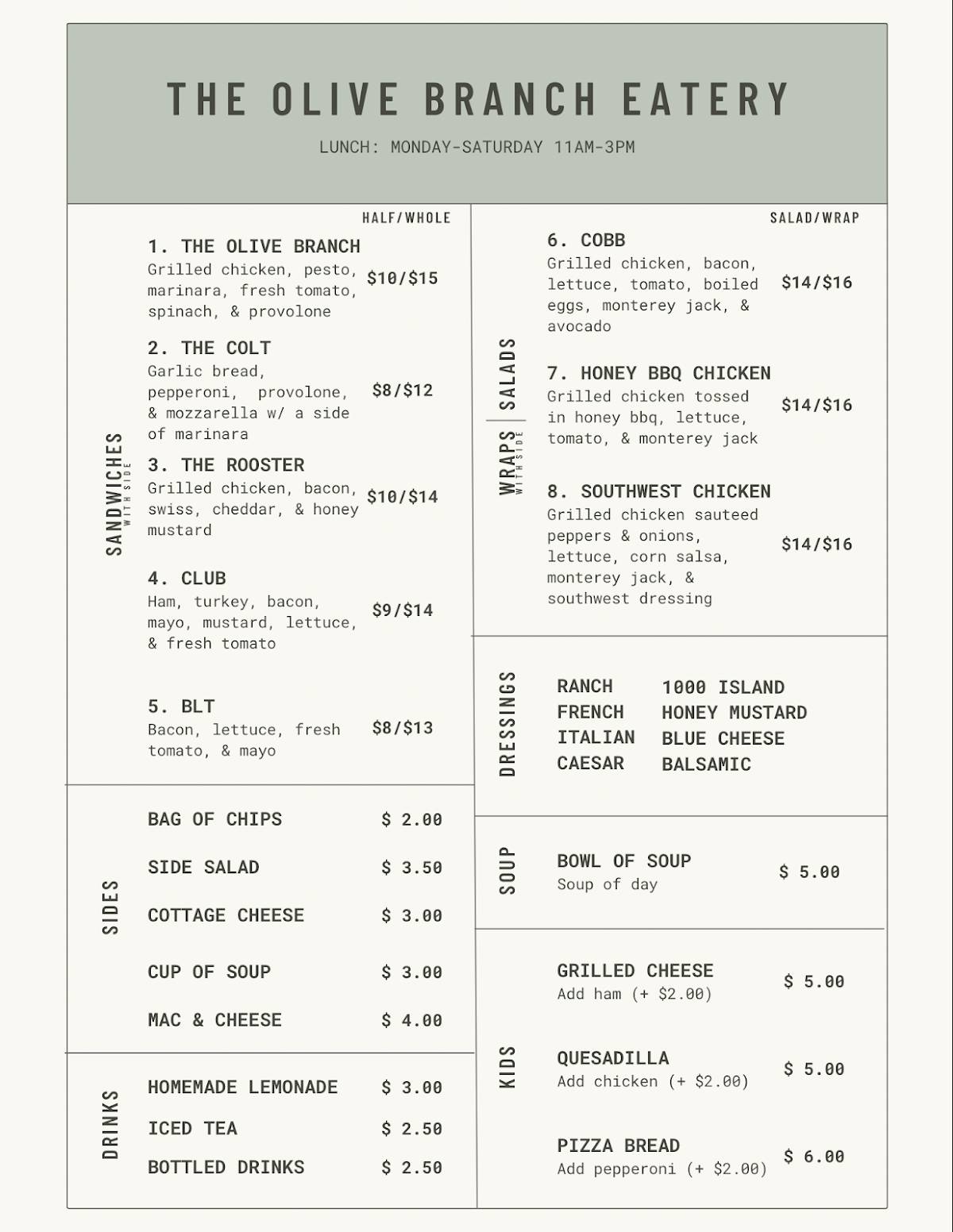 Menu at The Olive Branch Eatery cafe, Lemmon