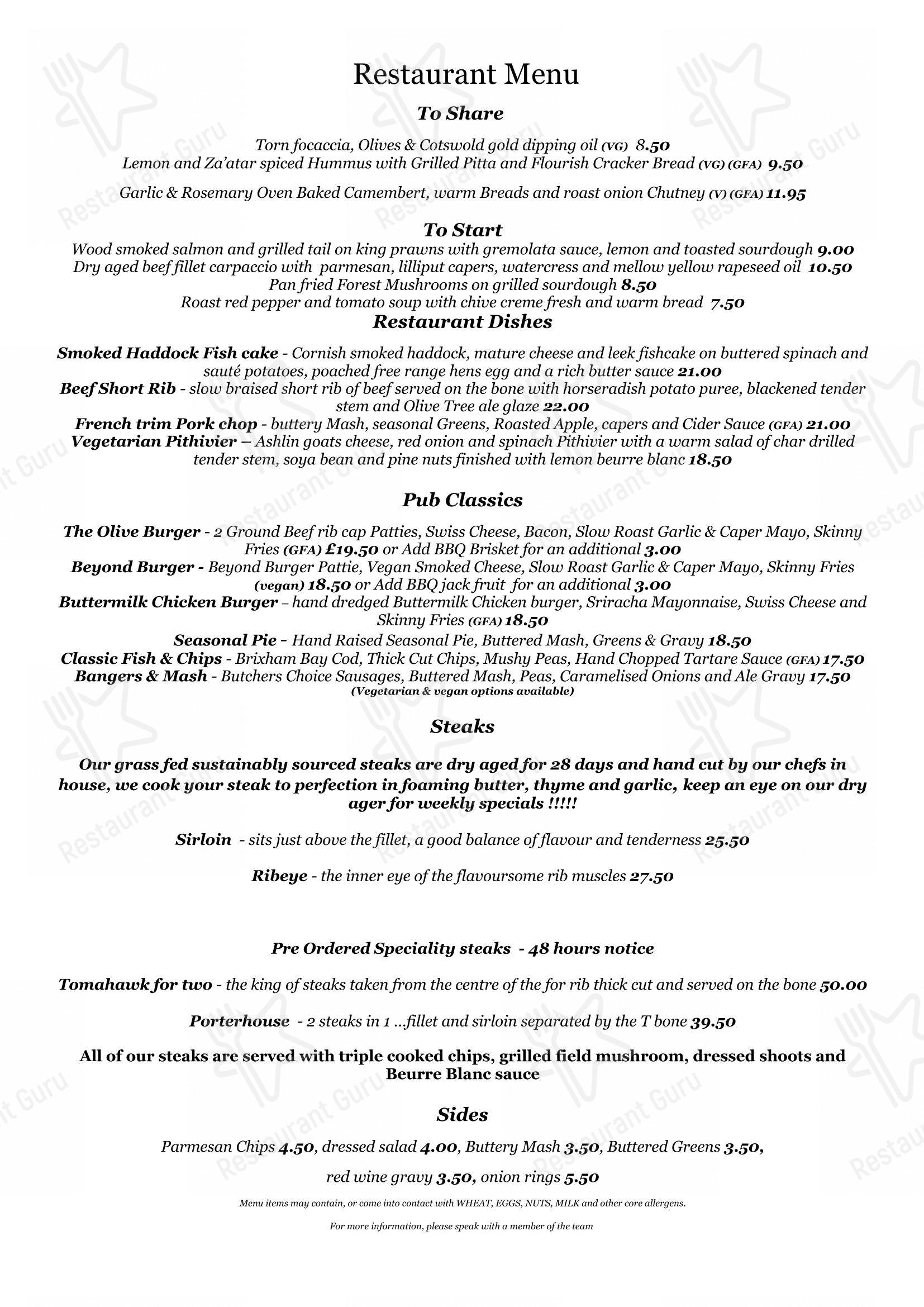 Menu at The Olive Tree At The Plough, Bicester pub & bar, Bicester, 63 ...