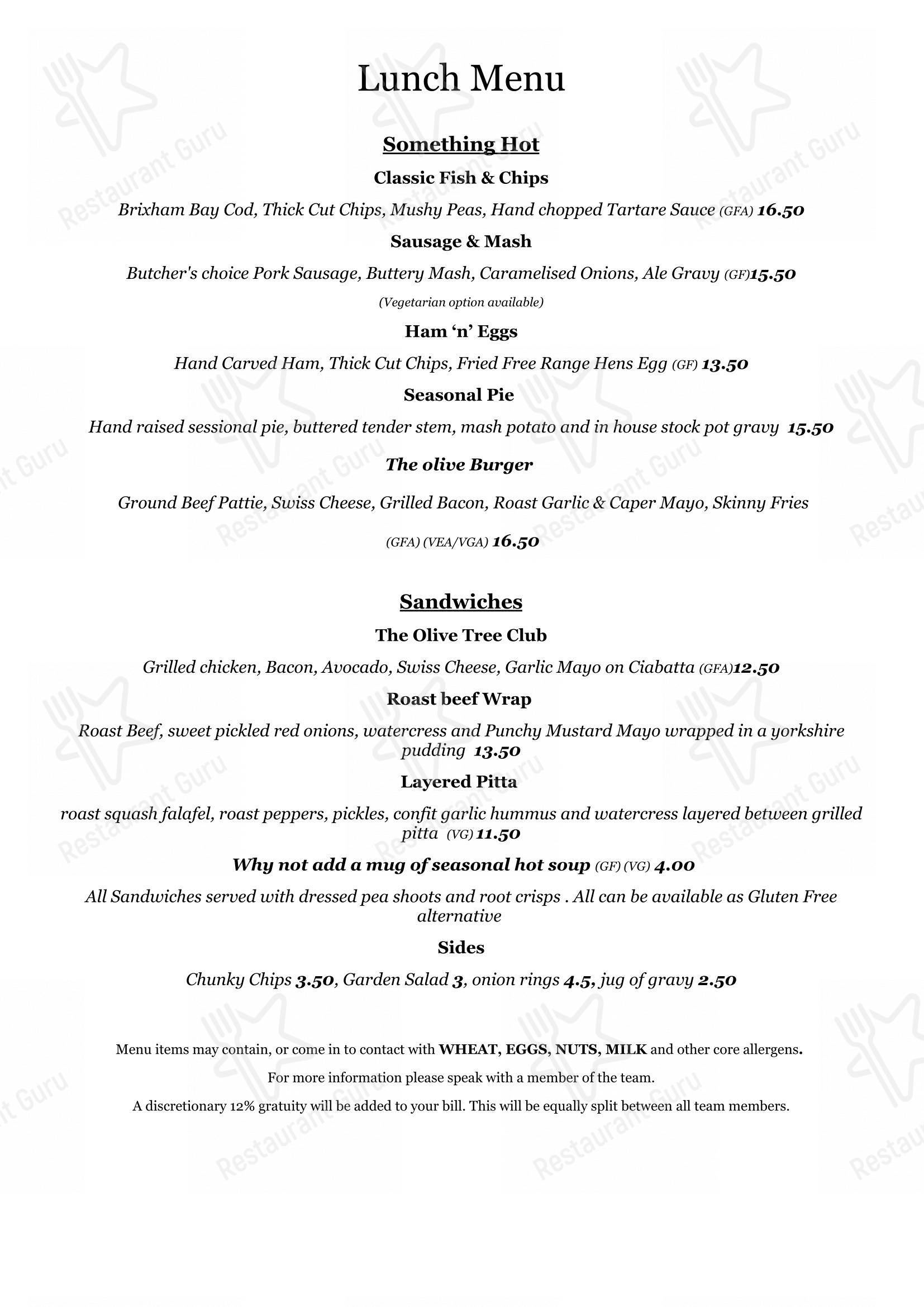 Menu at The Olive Tree At The Plough, Bicester pub & bar, Bicester, 63 ...