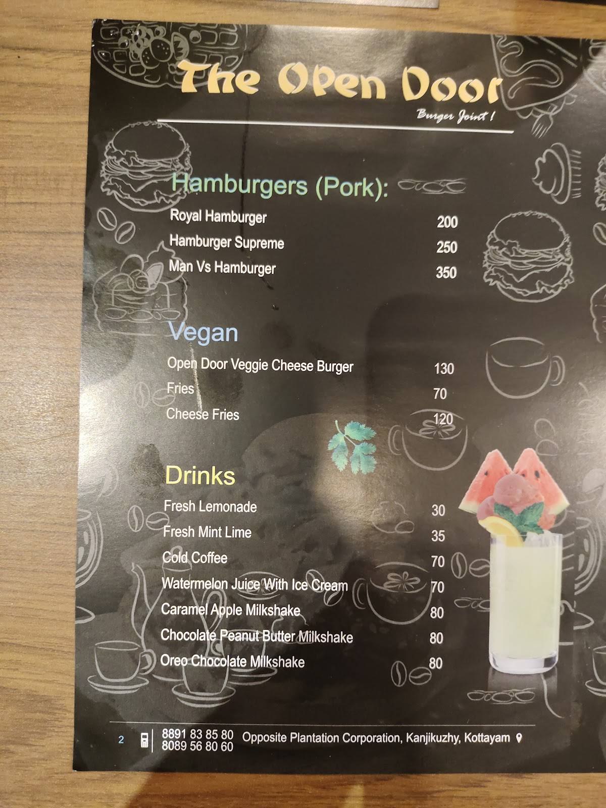 Menu at The Open Door, Kottayam