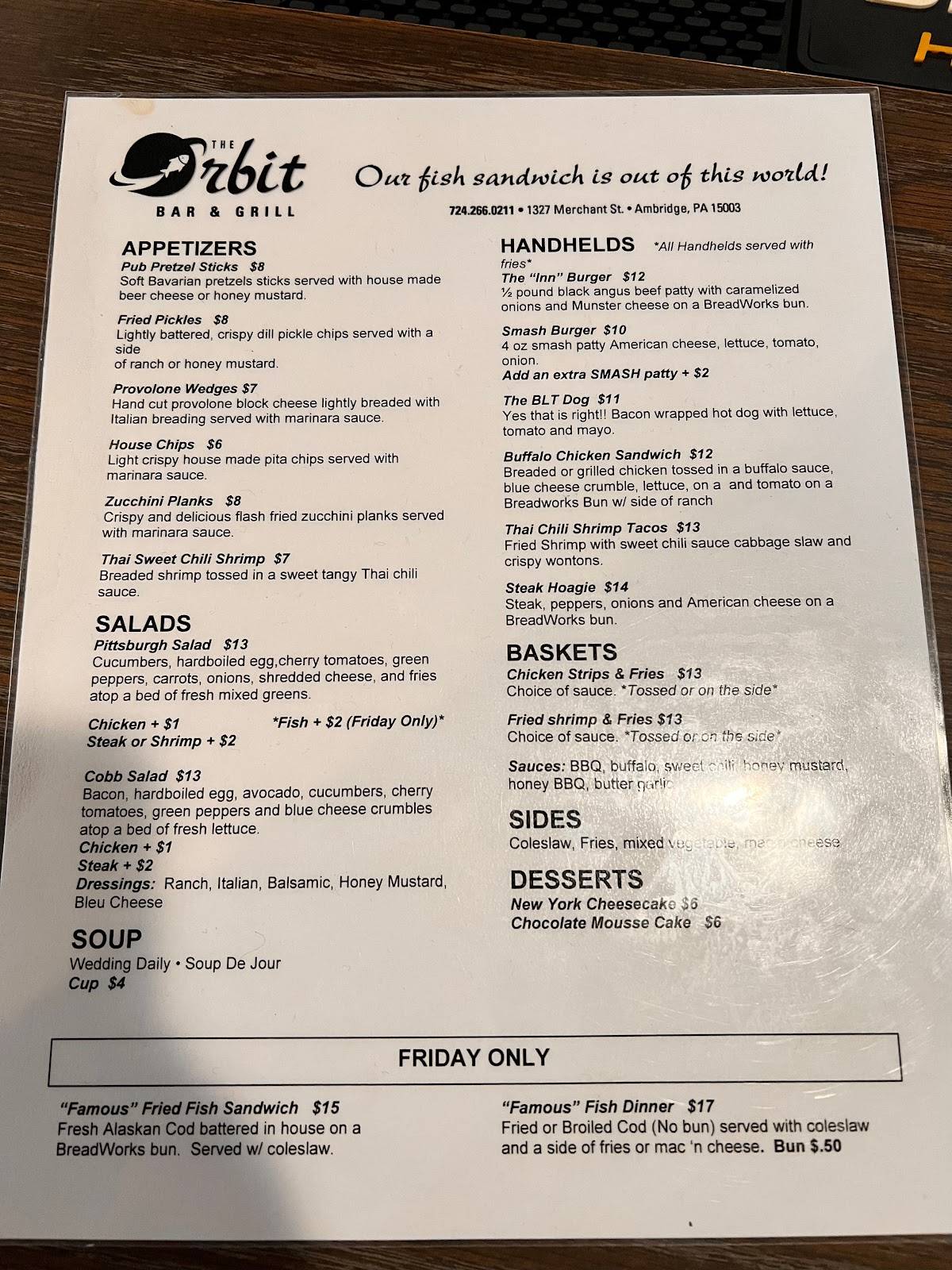 Menu at The Orbit pub & bar, Ambridge