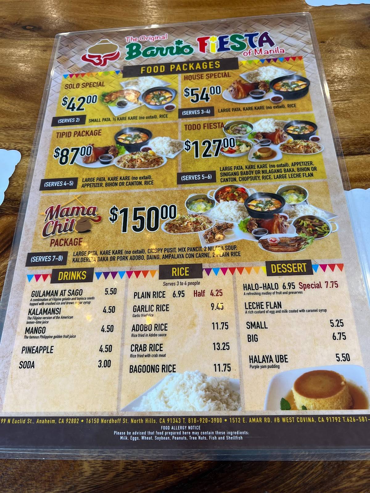 Menu at The Original Barrio Fiesta Of Manila, Anaheim
