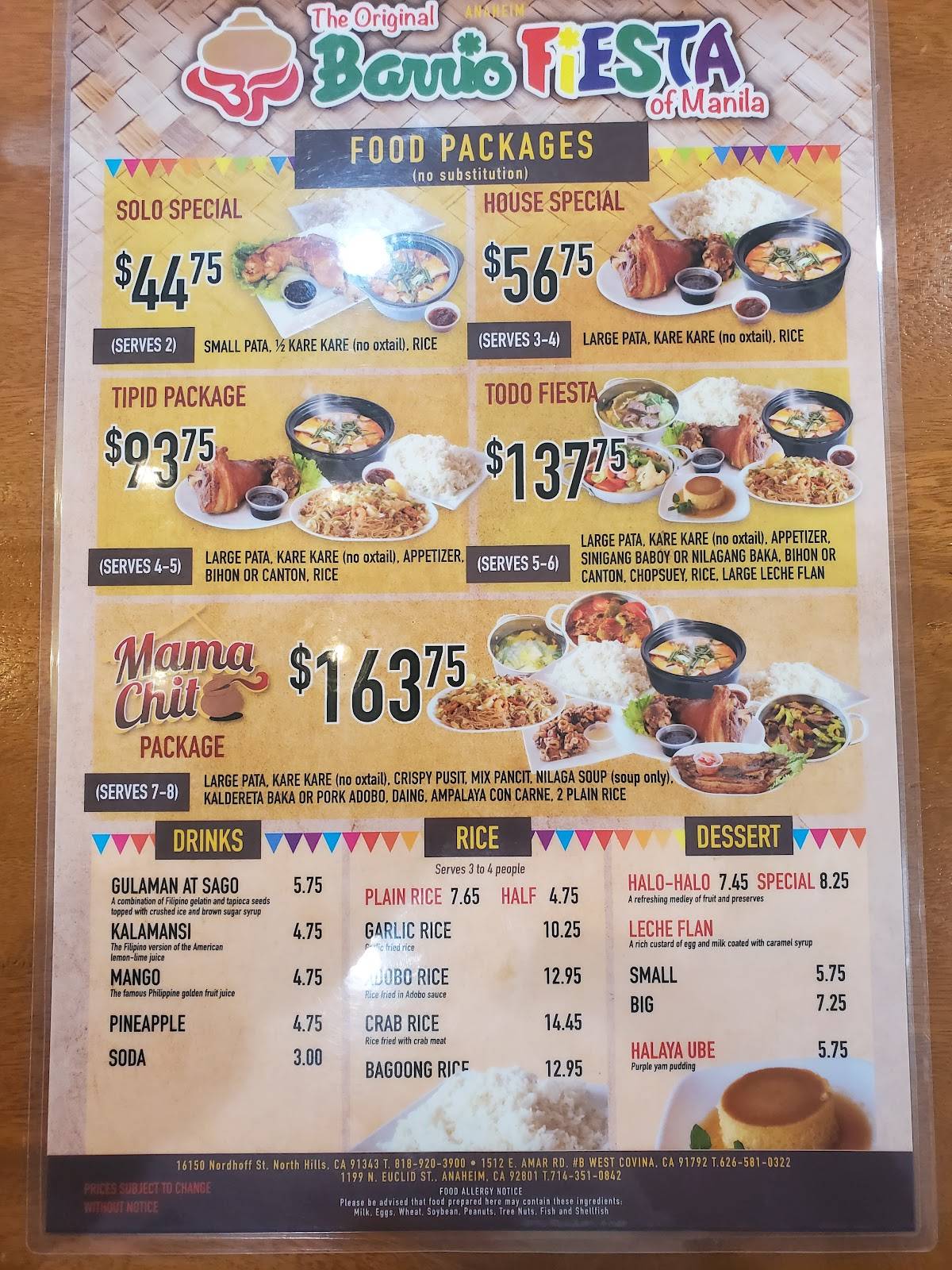 Menu at The Original Barrio Fiesta Of Manila, Anaheim