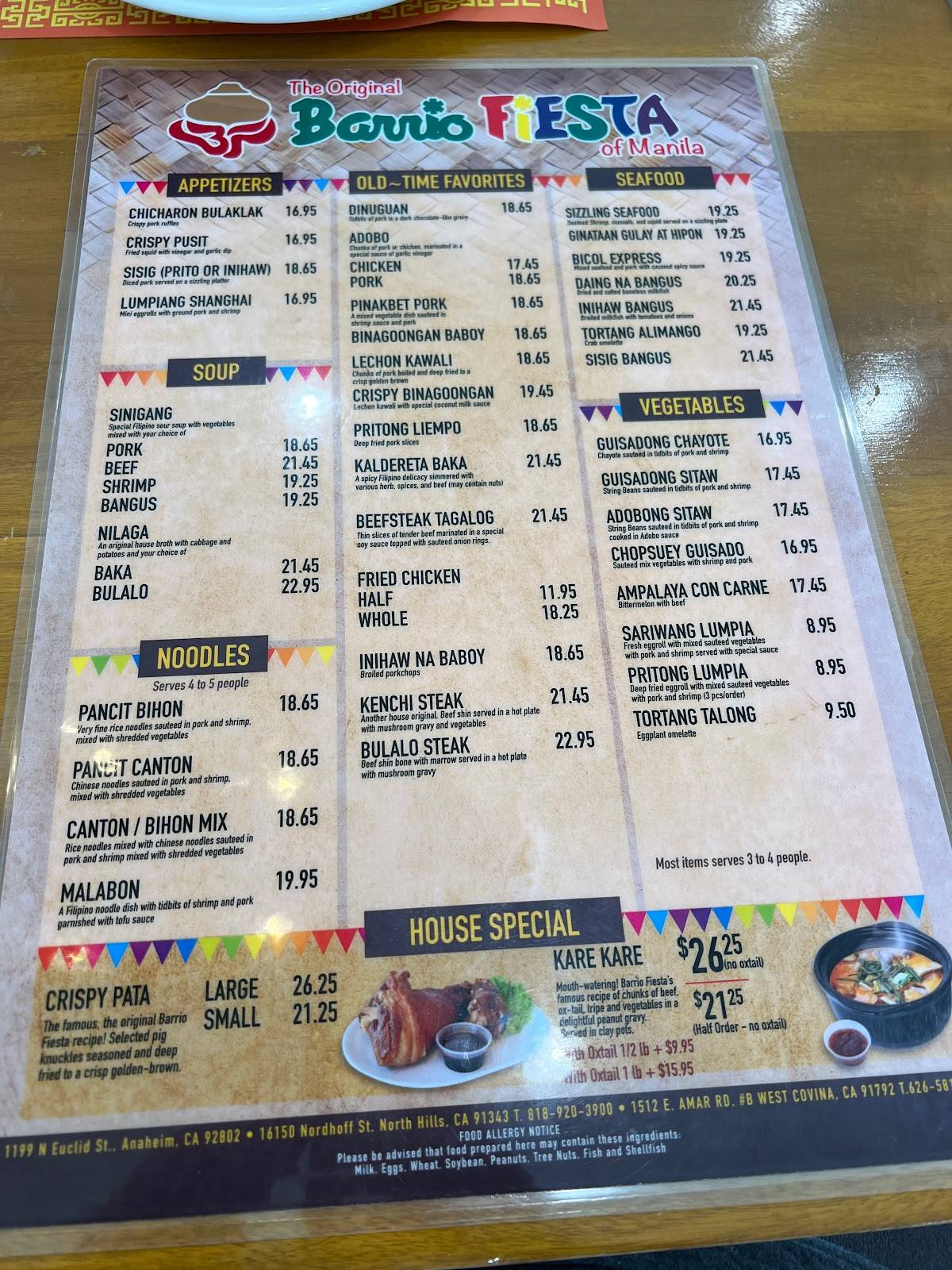 Menu at The Original Barrio Fiesta Of Manila, Anaheim