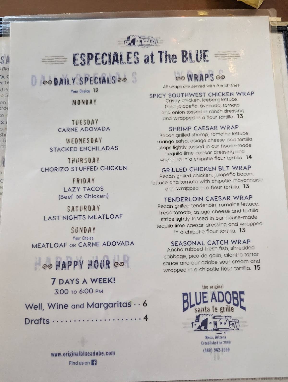 Menu at The Original Blue Adobe Grille pub & bar, Mesa