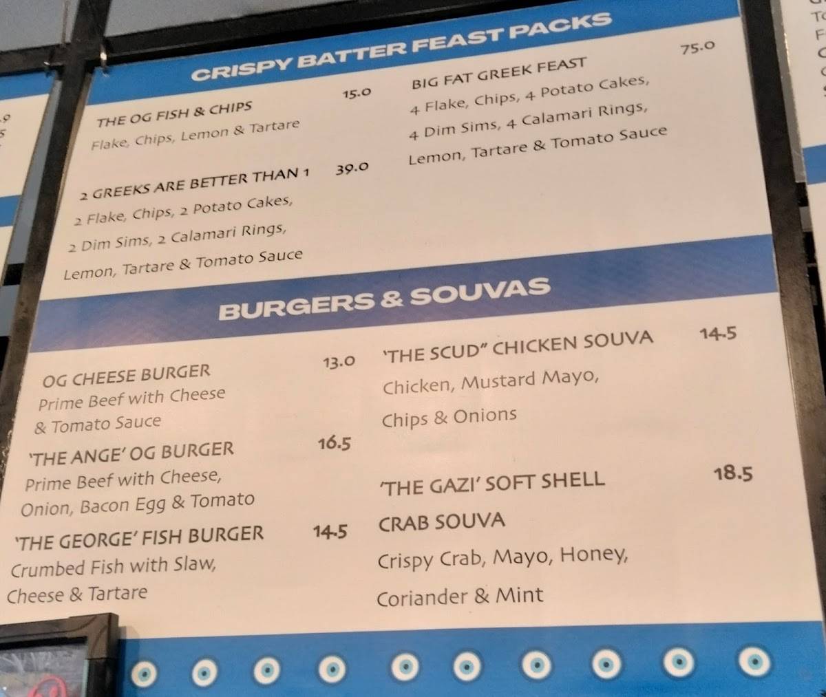 Menu at The Original Greek Fish & Chip Shop restaurant, Brighton