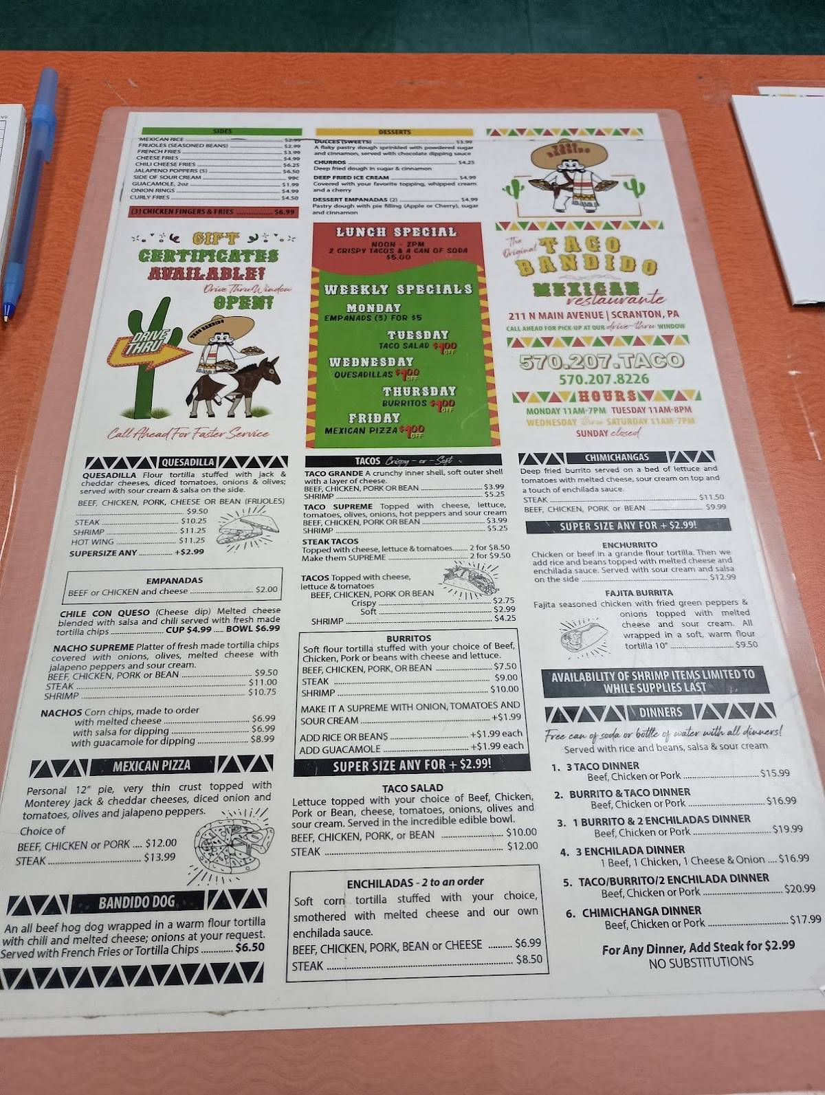 Menu at The Original Taco Bandido restaurant, Scranton