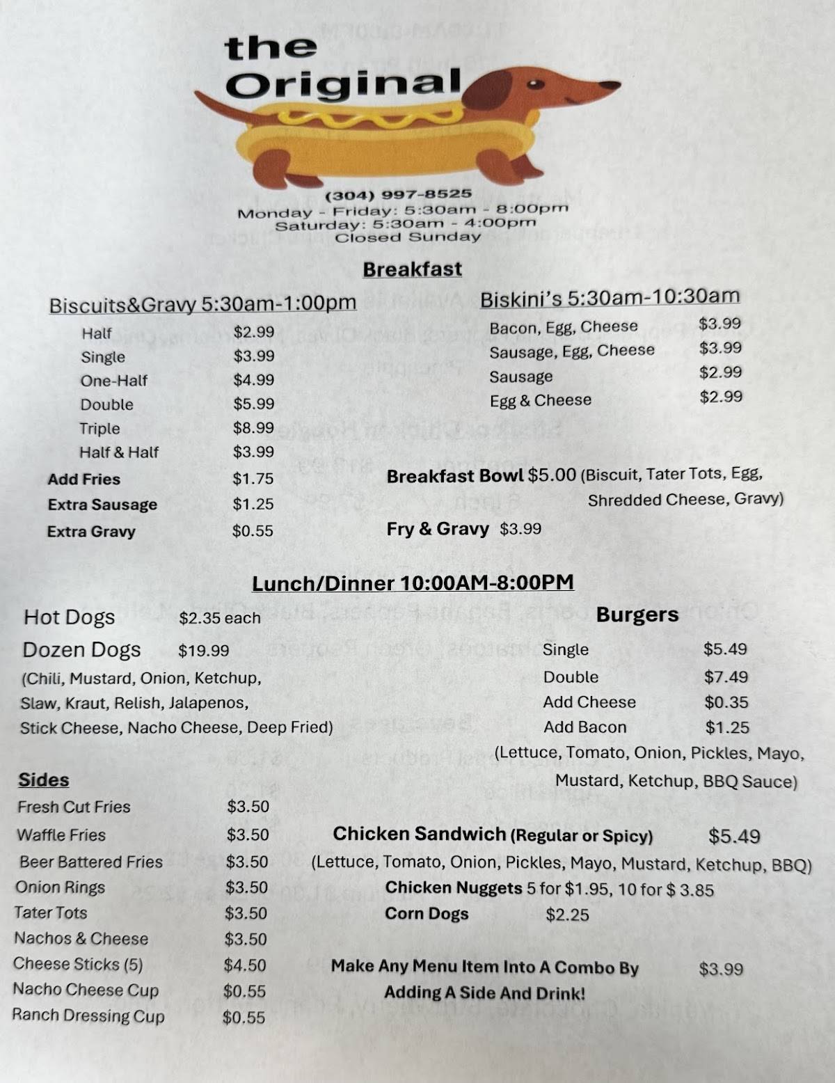 Menu at The Original restaurant, Weston