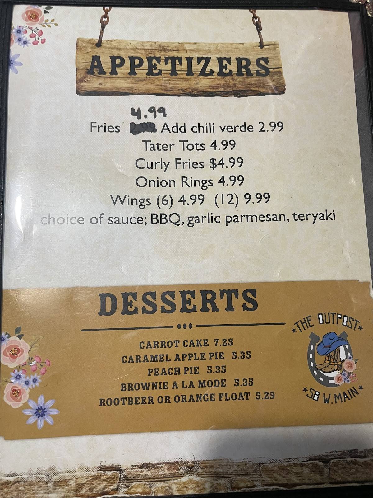 Menu at The Outpost restaurant, Grantsville