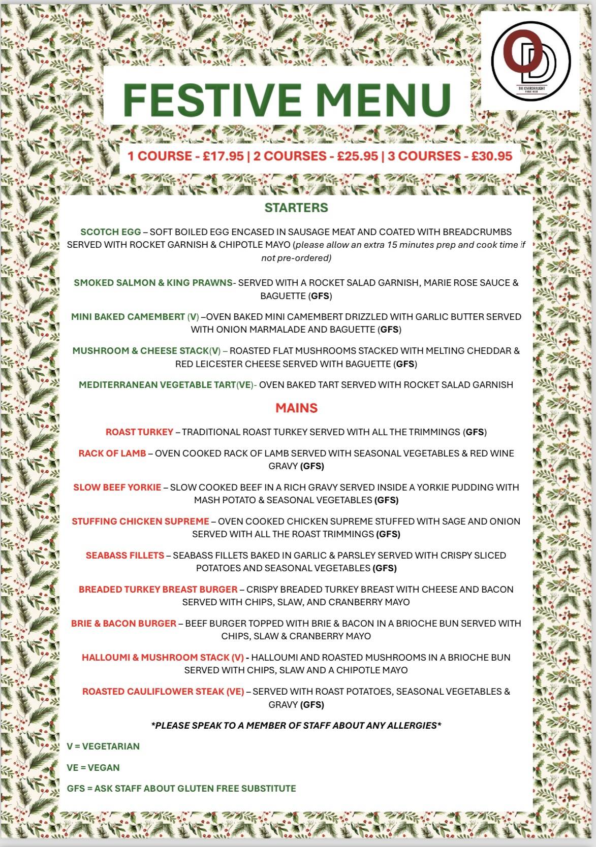 Menu at The Overdraught pub & bar, St Albans