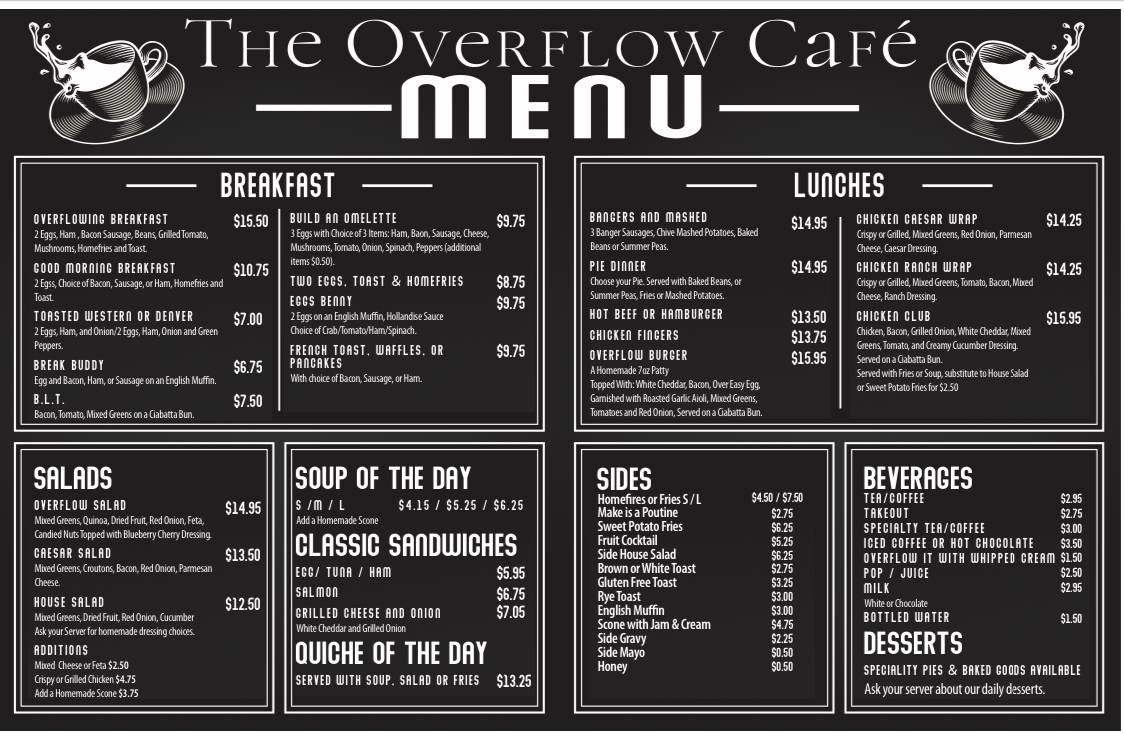 Menu at The Overflow Café, Sarnia