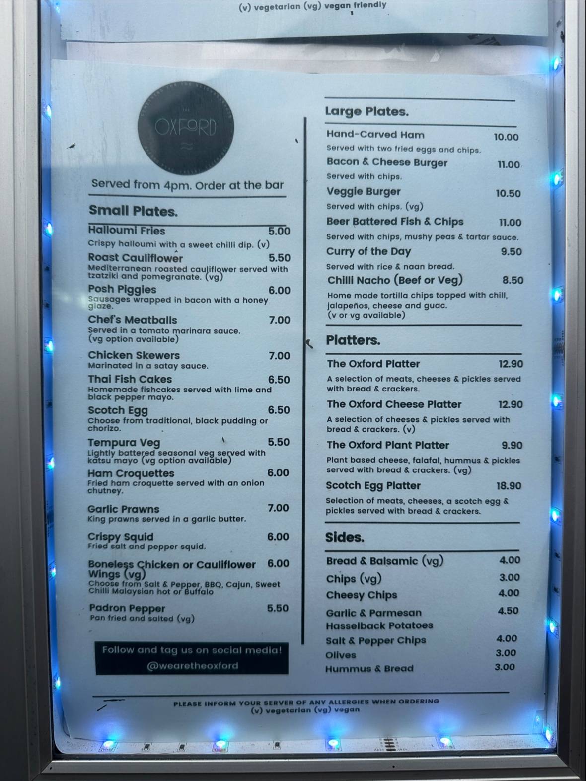 Menu at The Oxford Bar., Liverpool, 89 Oxford Rd