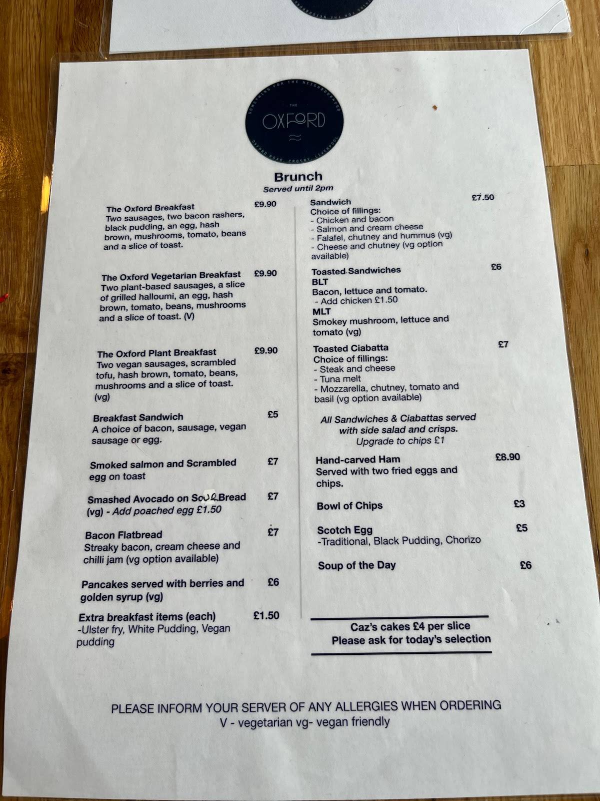 Menu at The Oxford Bar., Liverpool, 89 Oxford Rd