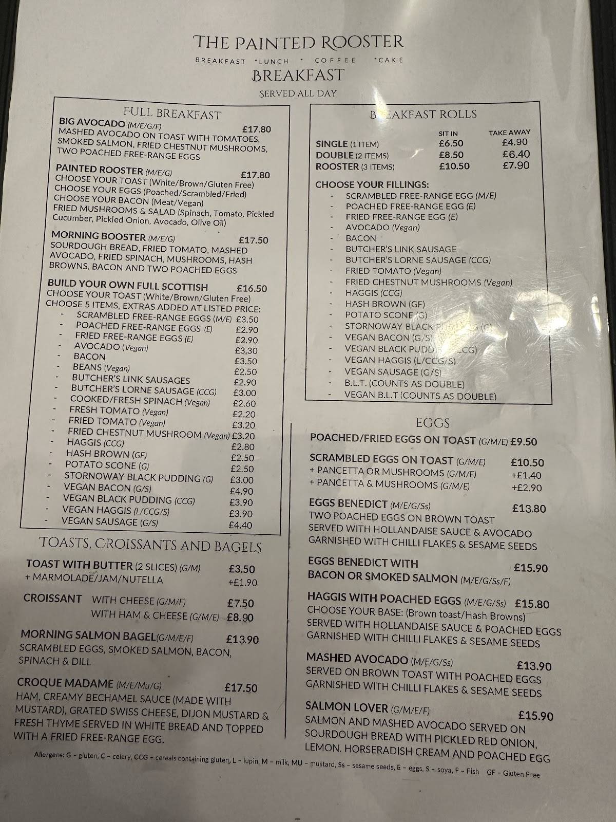 Menu at The Painted Rooster restaurant, Edinburgh