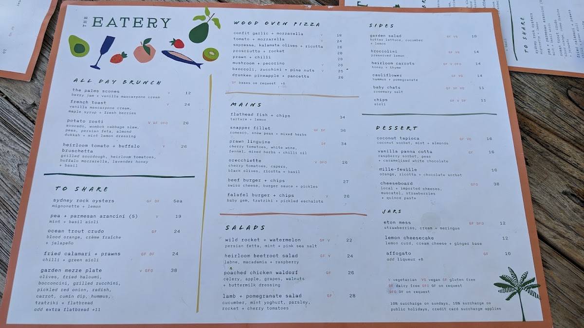 Menu at The Palms Sydney restaurant, Terrey Hills