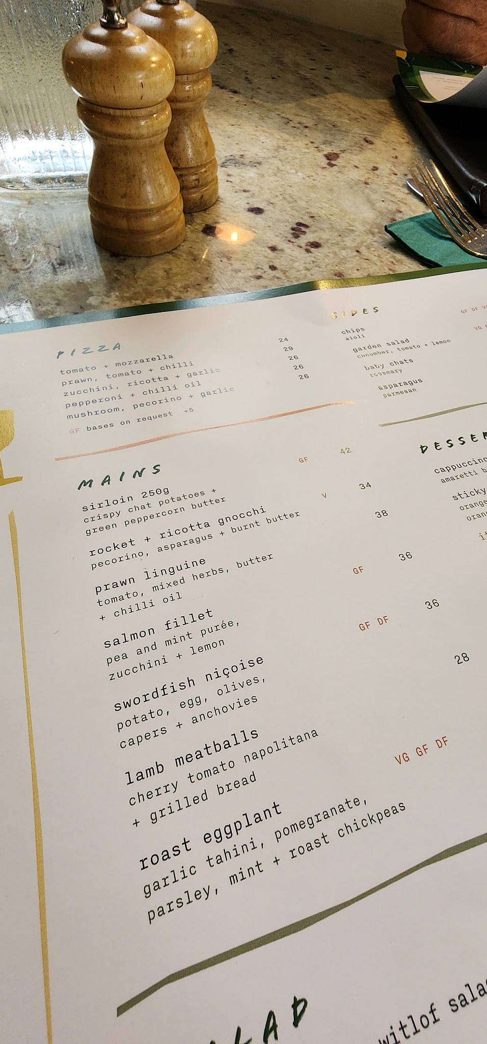 Menu at The Palms Sydney restaurant, Terrey Hills