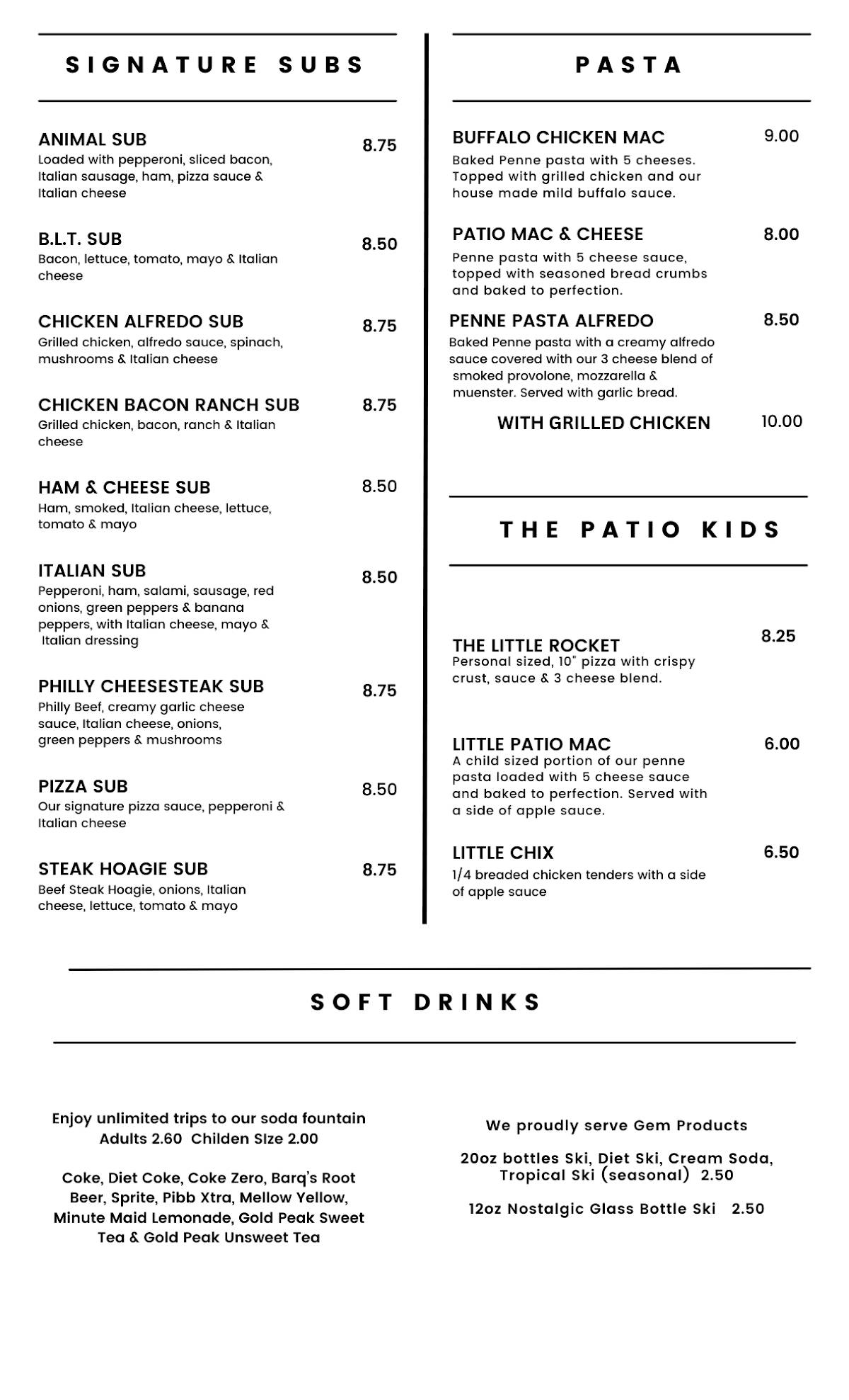 Menu at The Patio Grubs & Suds pizzeria, Wellston