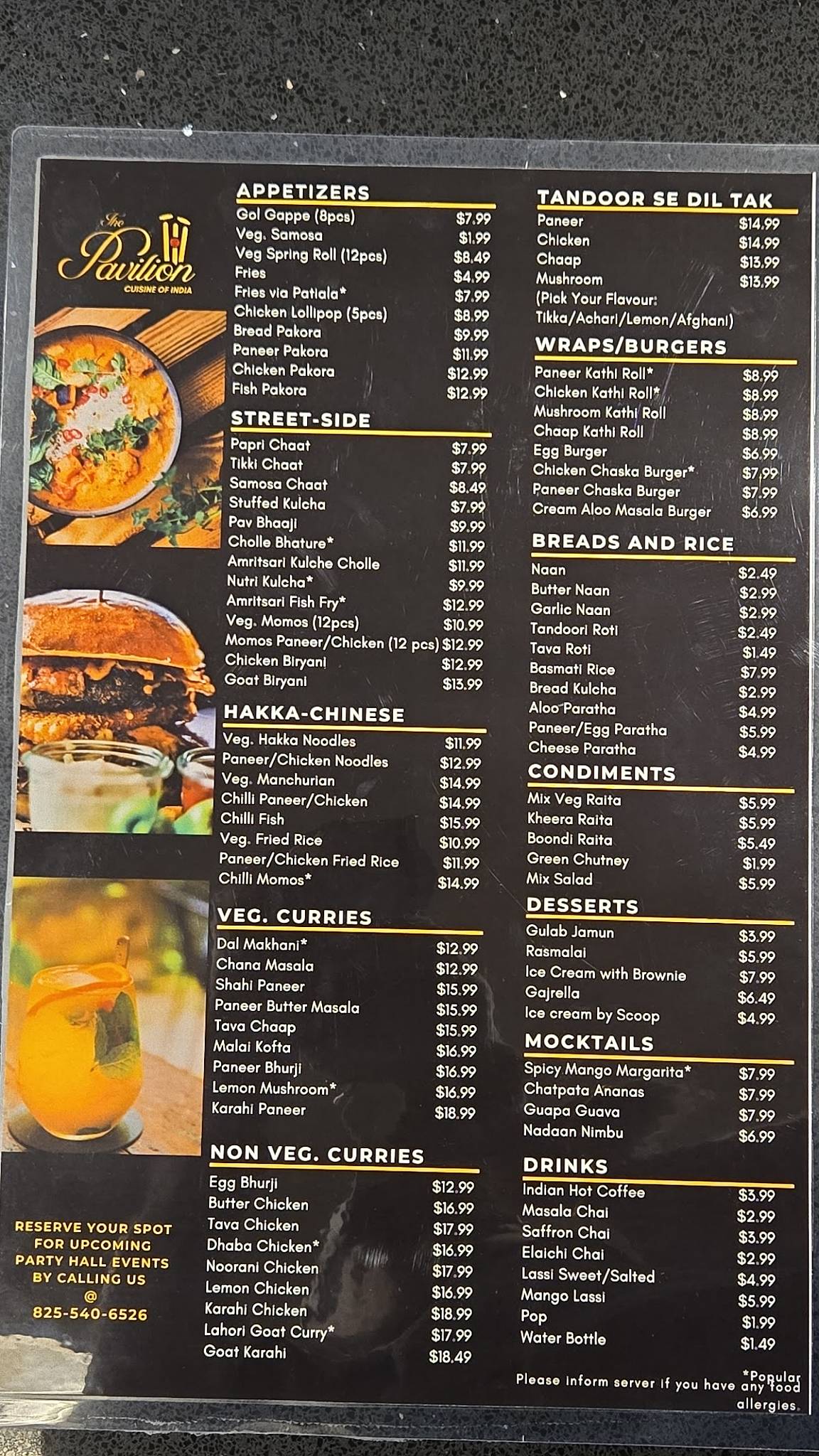 Menu at The Pavilion restaurant, Calgary