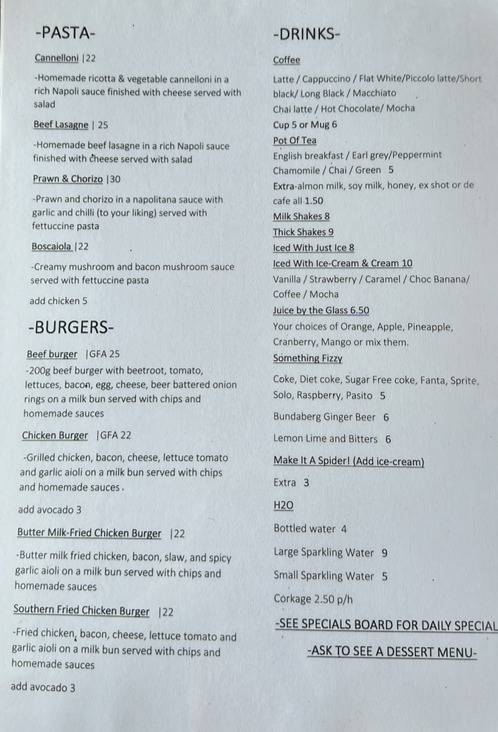 Menu at The Pelican Waterfront Cafe & Restaurant, Saint Georges Basin