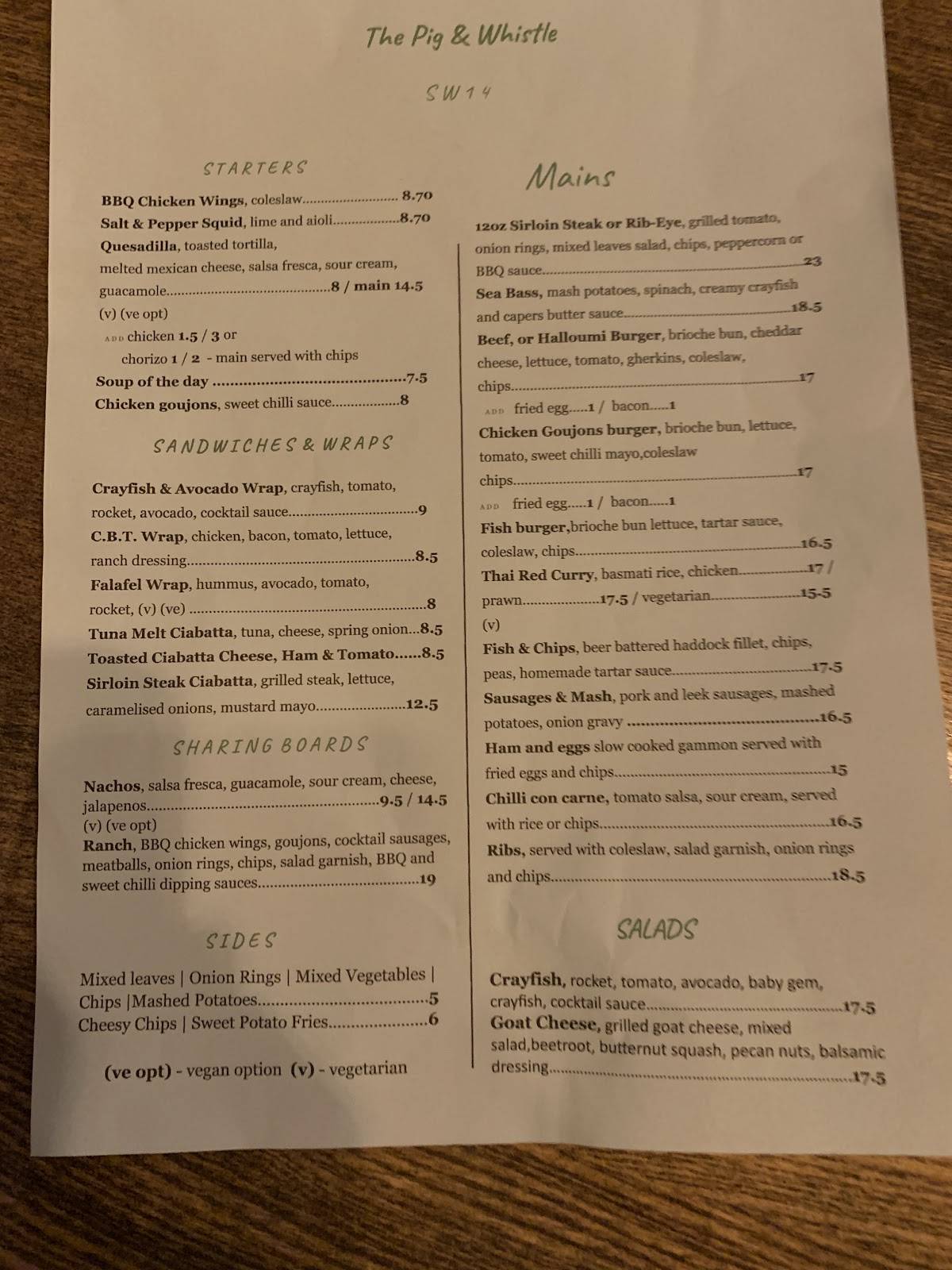 Menu at The Pig & Whistle pub & bar, London, 86 Sheen Ln