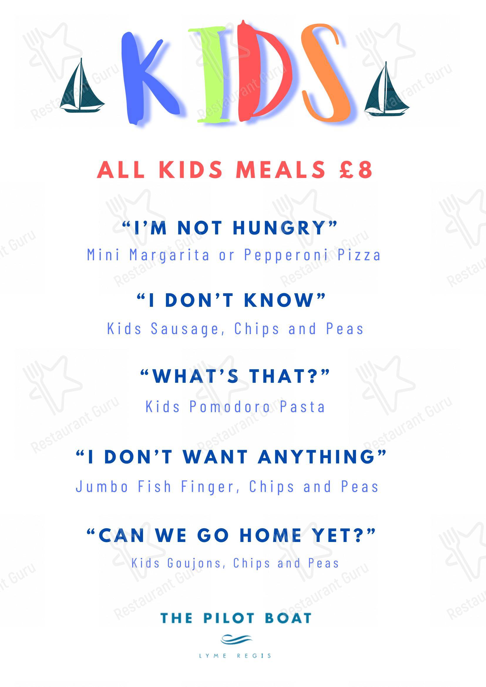 Menu at The Pilot Boat pub & bar, Lyme Regis