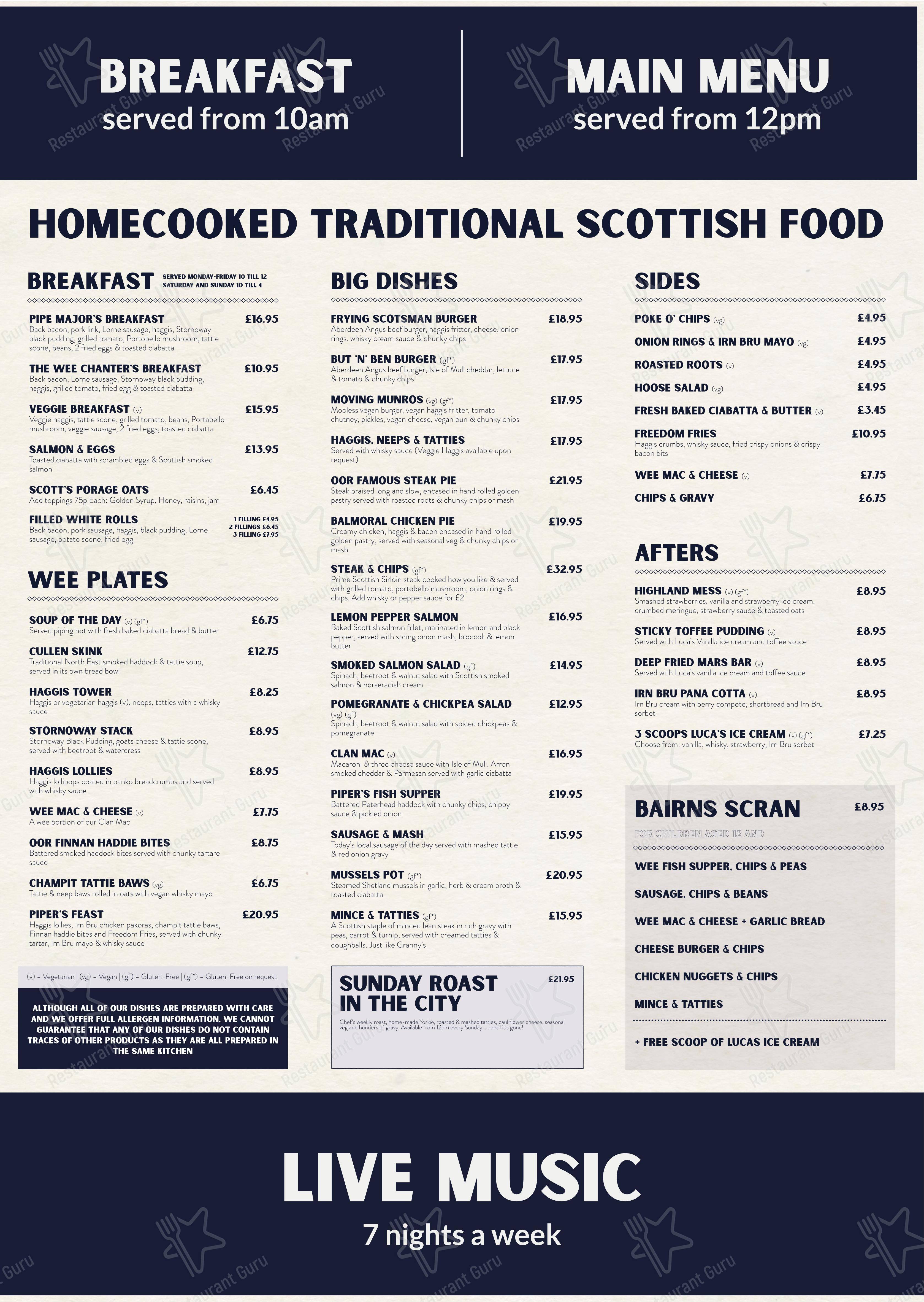 Menu at The Piper's Rest pub & bar, Edinburgh