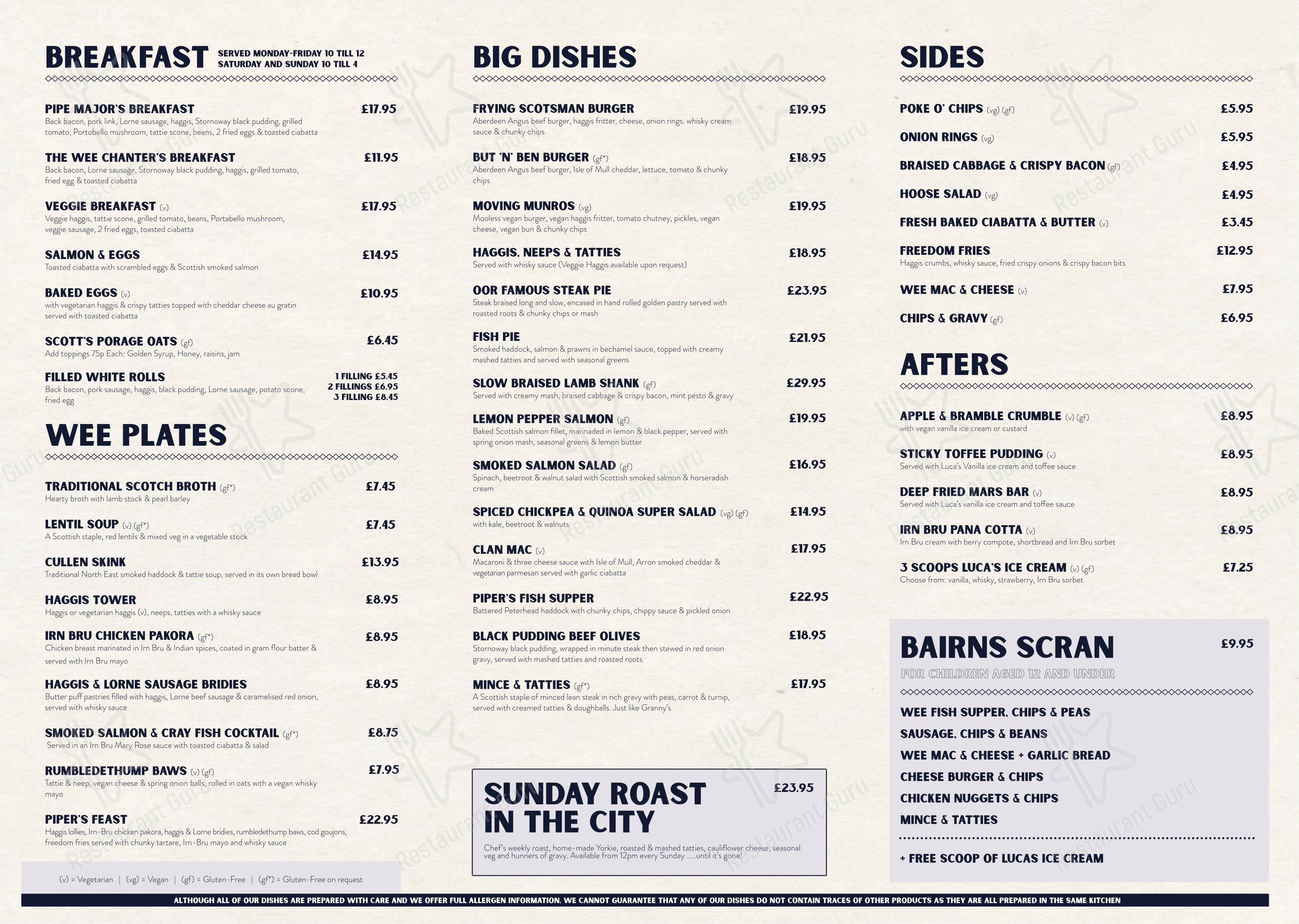 Menu at The Piper's Rest pub & bar, Edinburgh