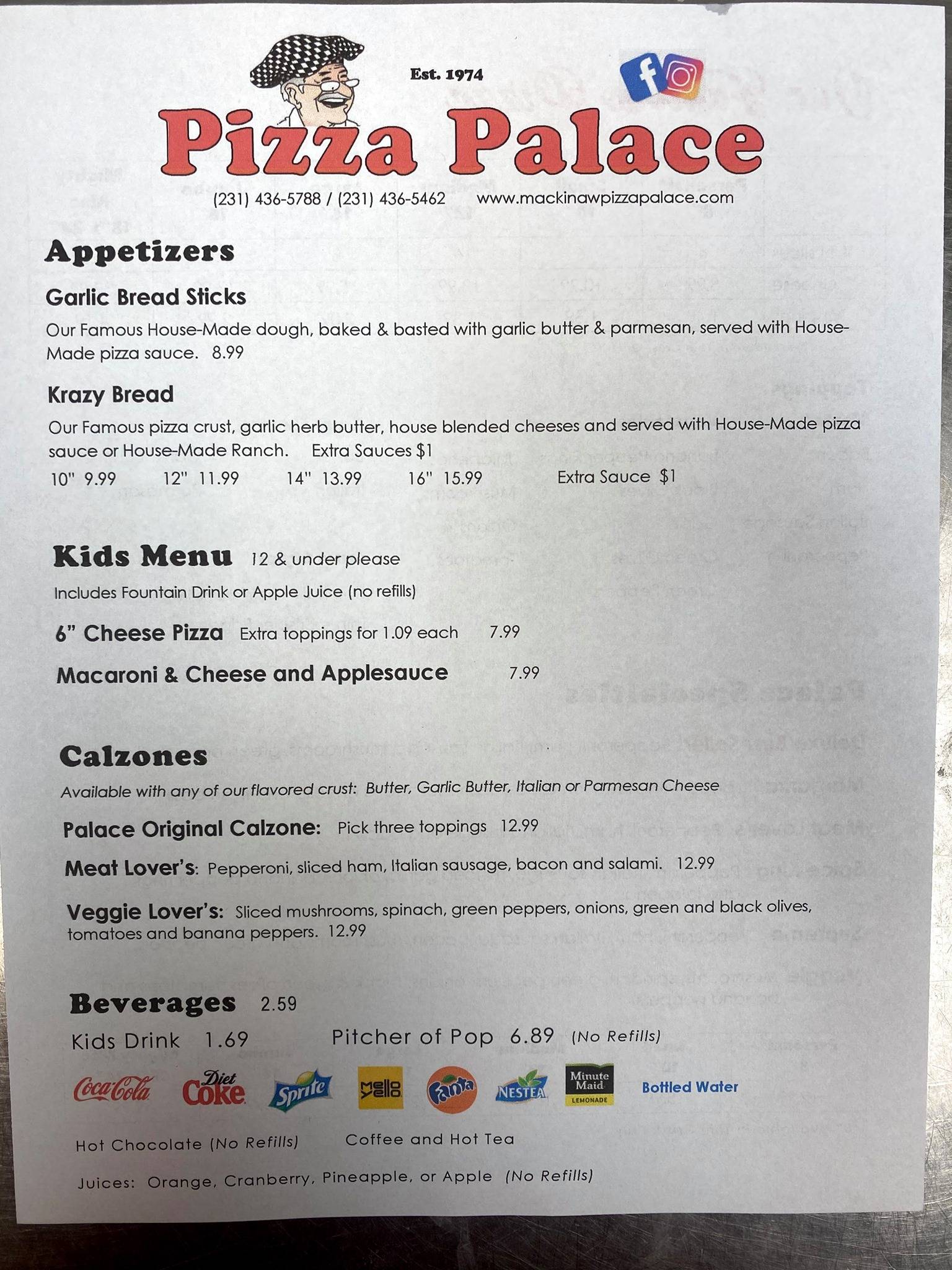 Carta de pizzería The Pizza Place, Mackinaw City