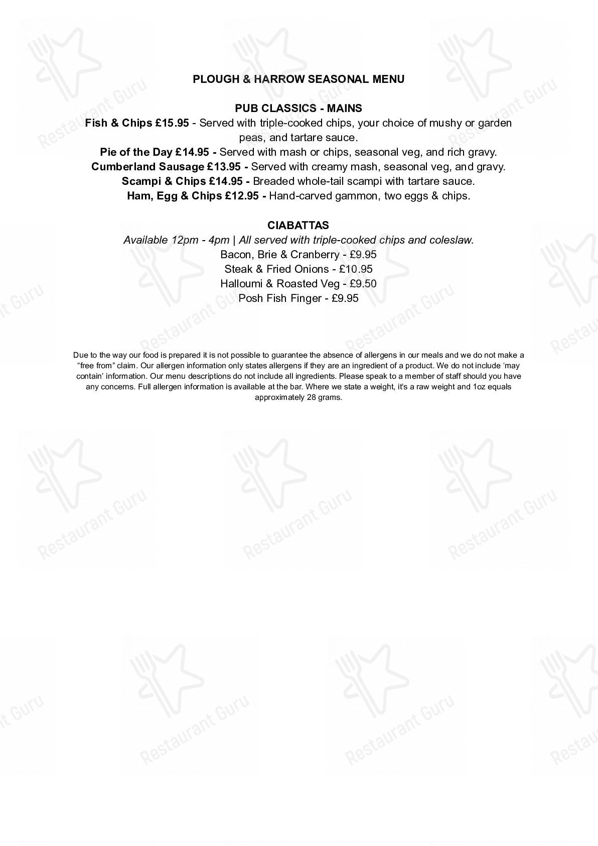Menu at The Plough & Harrow restaurant, Pershore