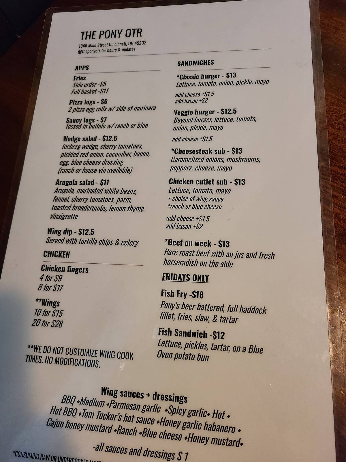 Menu at The Pony pub & bar, Cincinnati