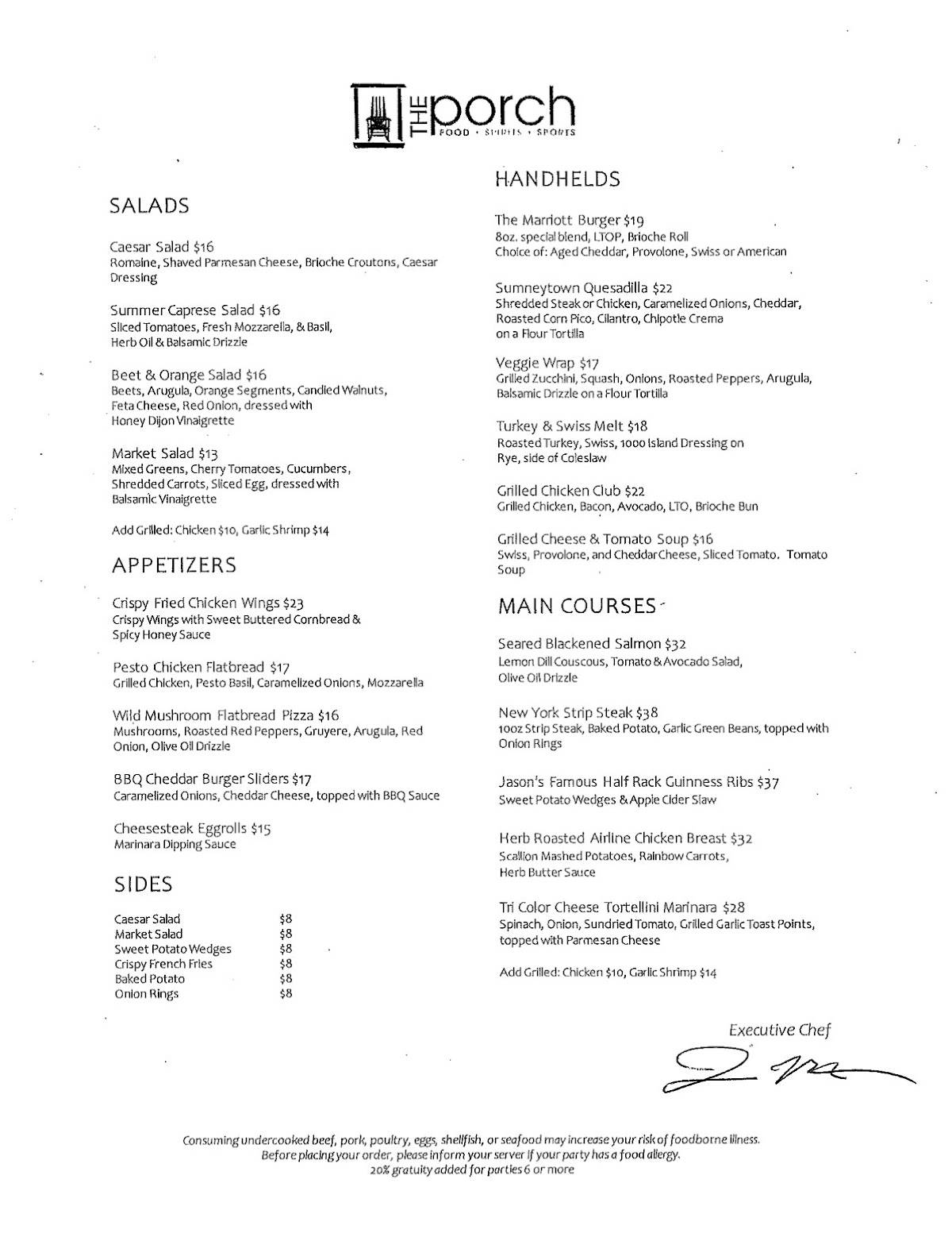 Menu at The Porch pub & bar, Kulpsville