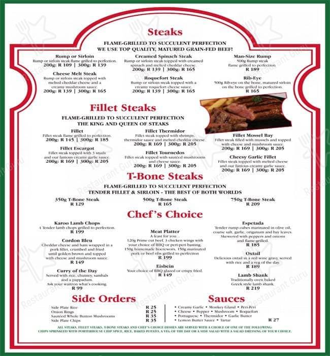Menu at The Porterhouse restaurant, Roodepoort, Ontdekkers Road
