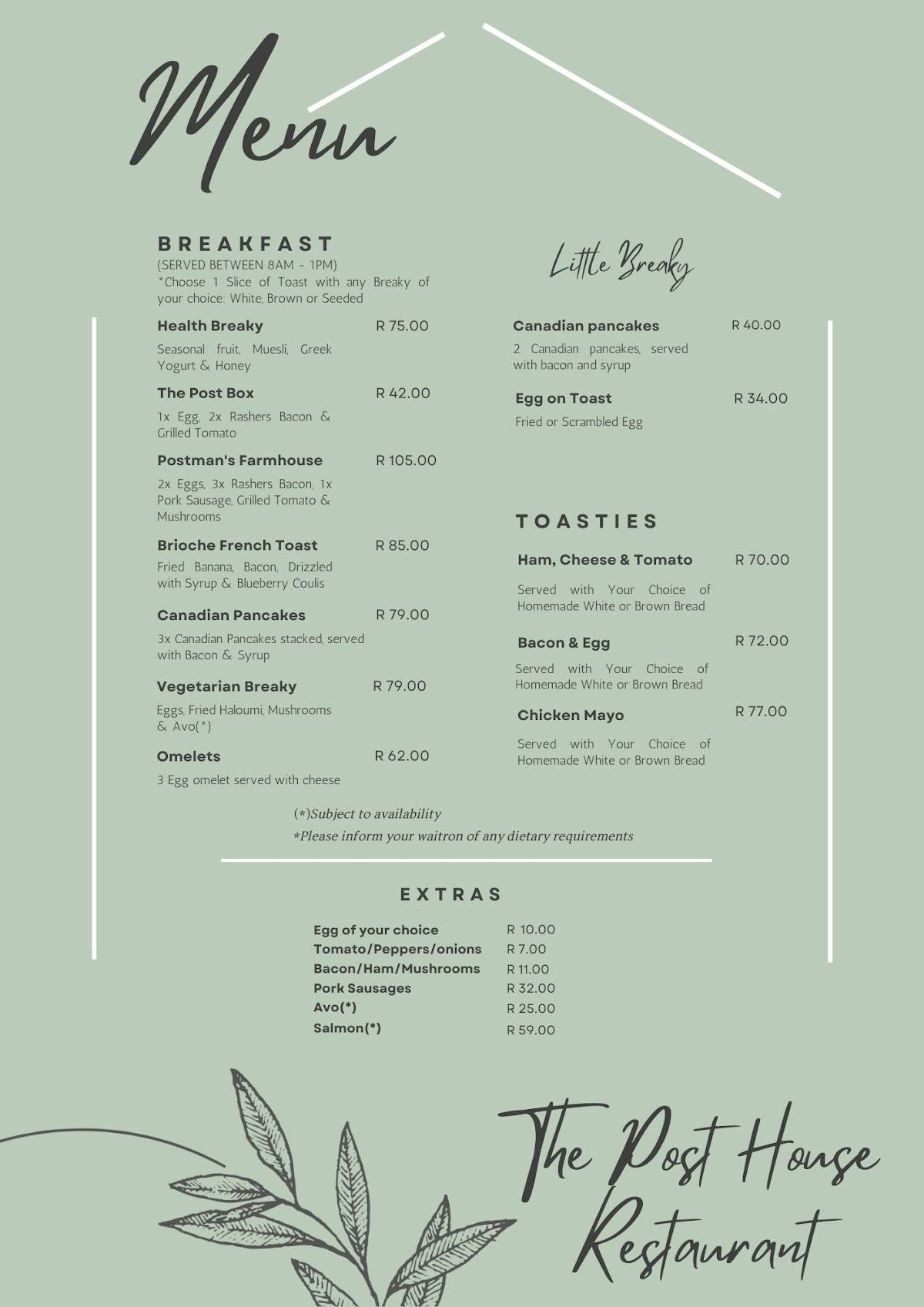 Menu at The Posthouse Restaurant, Clarens