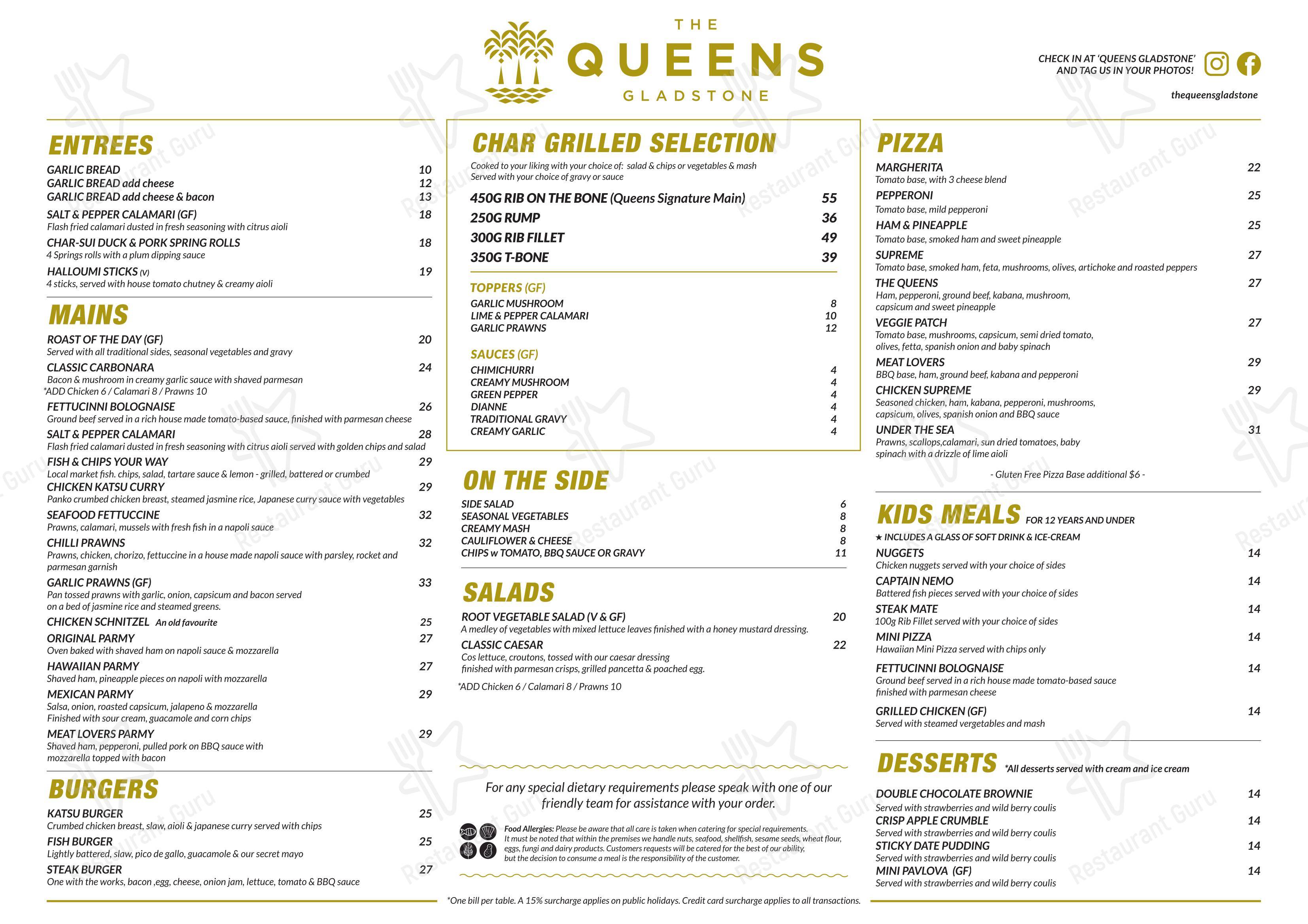 Menu at The Queens Hotel Gladstone restaurant, Gladstone Central