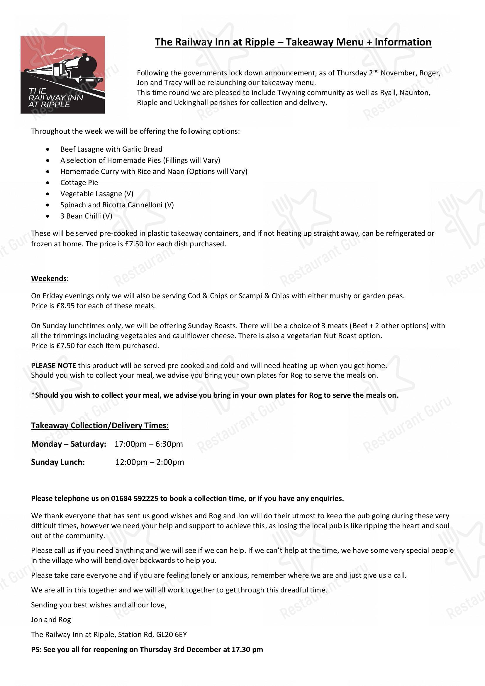 Menu at The Railway Inn Ripple pub & bar, Tewkesbury