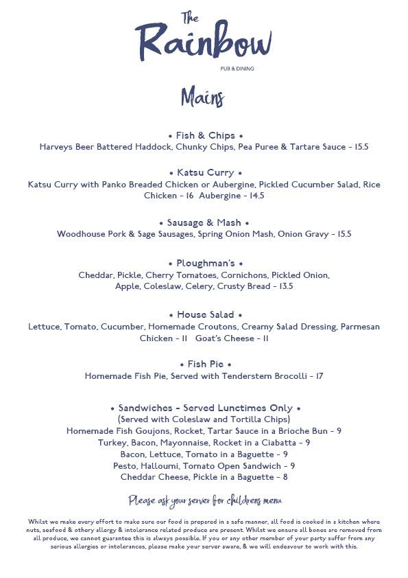 Menu at The Rainbow Cafe & Carvery, Lewes, Resting Oak Hill