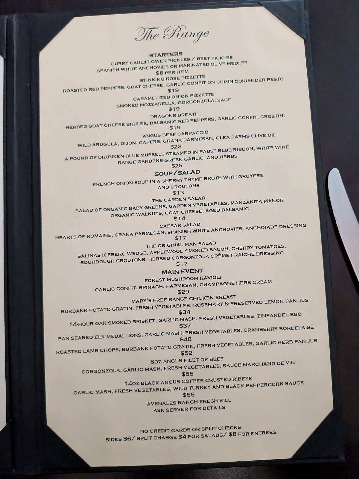 Menu at The Range Restaurant, Santa Margarita