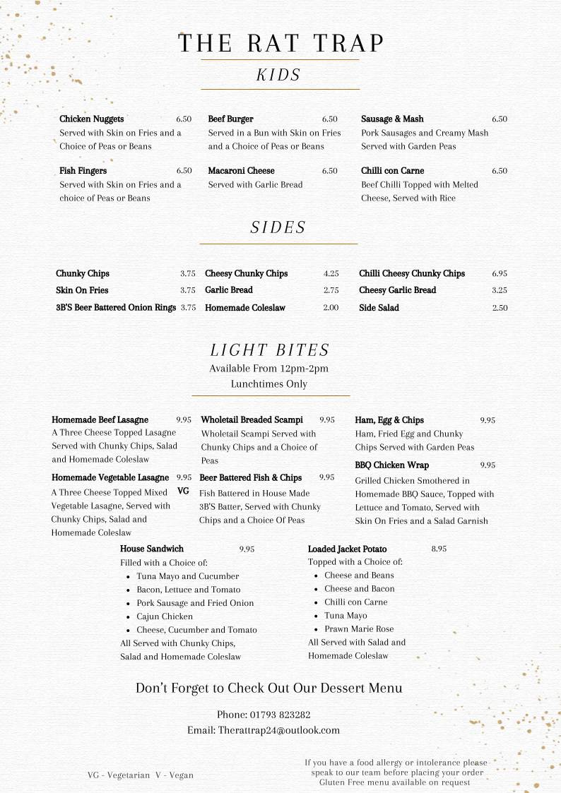 Menu at The Rat Trap pub & bar, Swindon