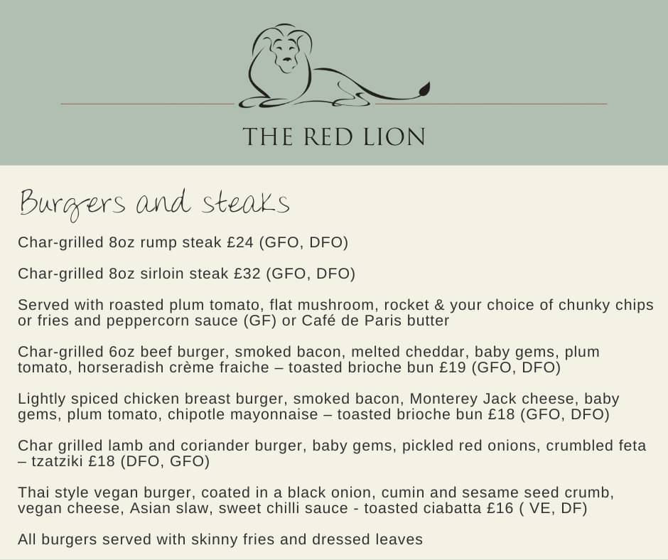 Menu at The Red Lion Inn pub & bar, Long Compton
