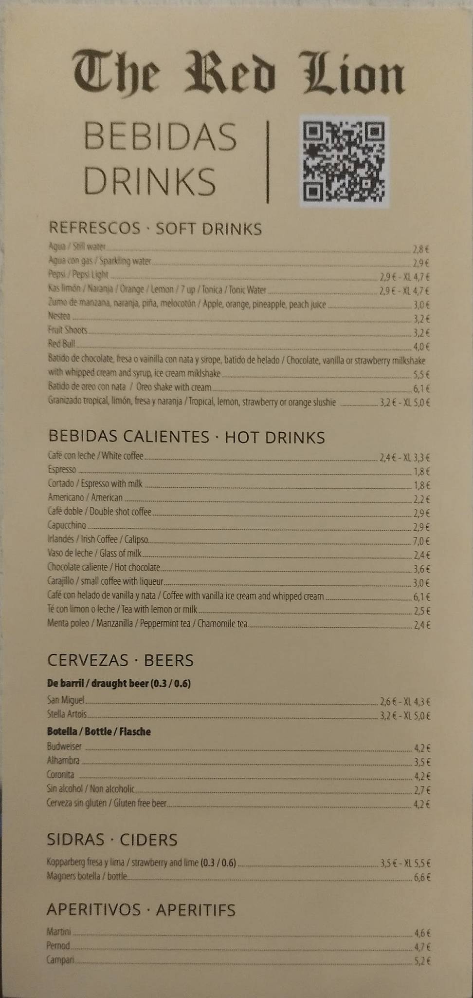 Menu at The Red Lion pub & bar, Alcúdia