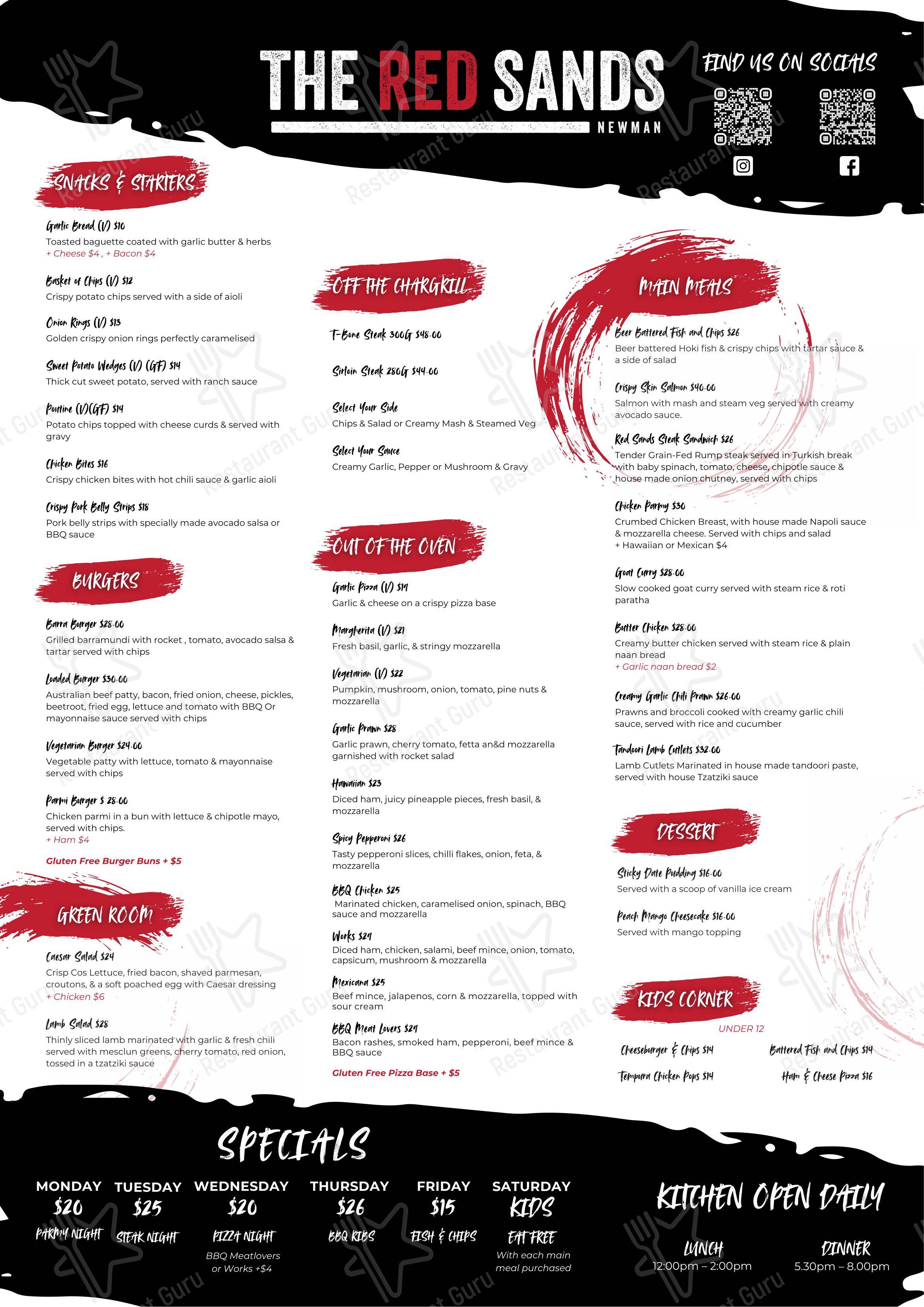 Menu at The Red Sands Tavern restaurant, Newman, Newman Dr